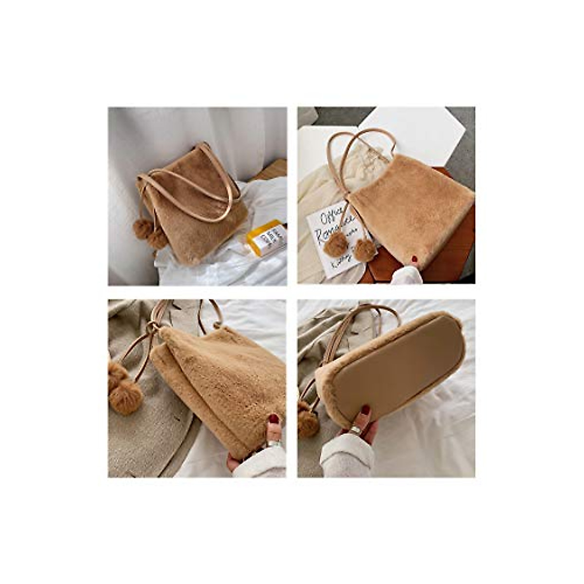 Ulisty Women Autumn Winter Small Faux Fur Shoulder Bag Fluffy Bucket Bag Plush Handbag khaki