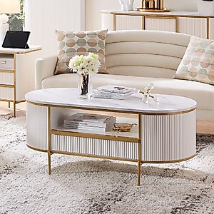 OKD Modern Luxury Fluted Coffee Table, 48" Oval Coffee Table with Drawer, Faux Marble Top, Curved Profile Design, Gold Metal Decor, Center Table for Living Room, Solid White