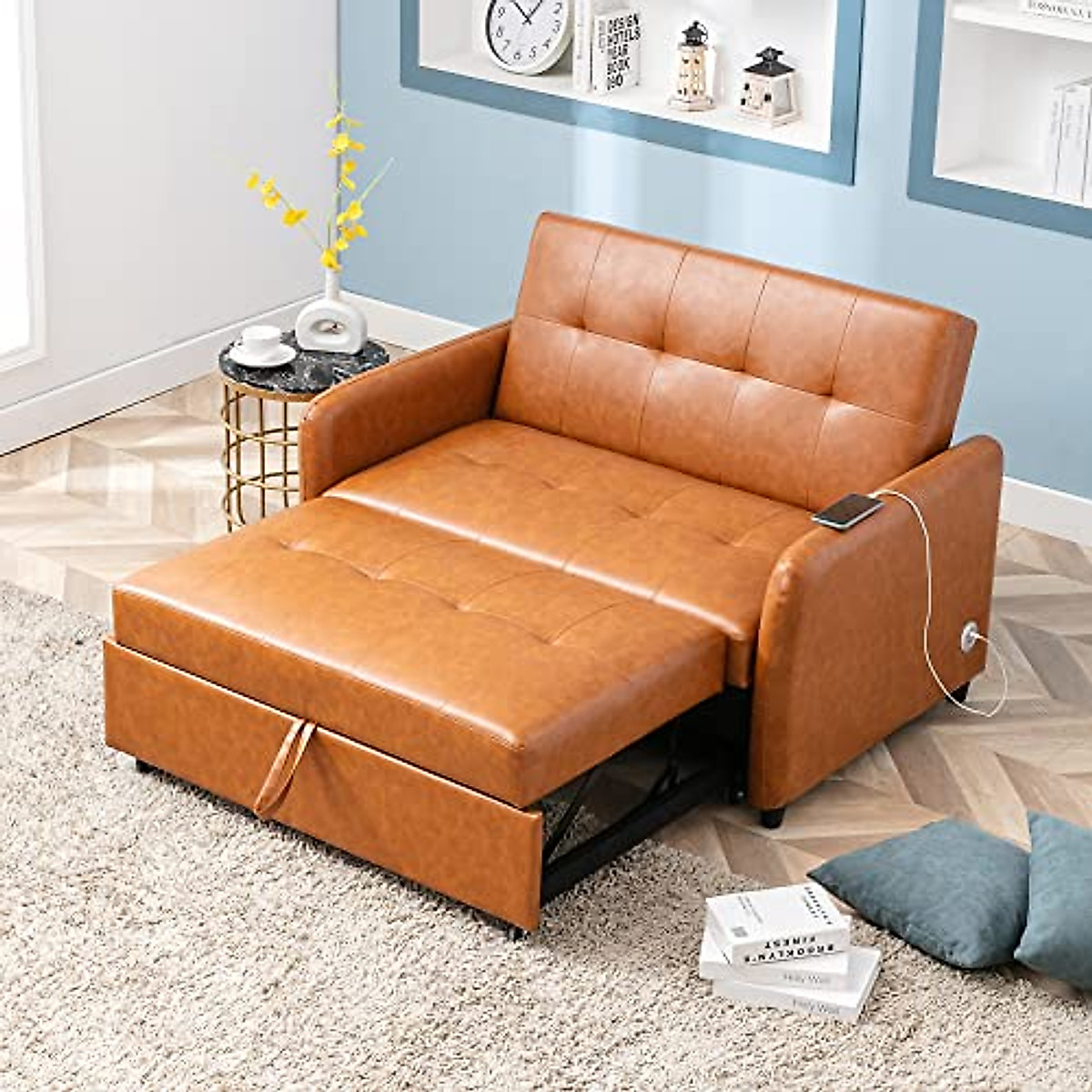 ERYE 3 in 1 Faux Leather Upholstered Sofa Loveseat Convertible Sleeper Couch Bed,Modern 2-Seaters Love Seat Sofa&Couch Functional Daybed with USB Charging Ports for Small Space Living Room