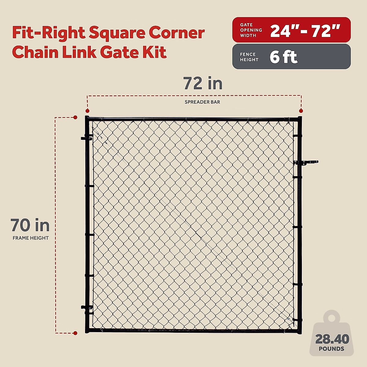 Adjust-A-Gate Adjustable Chain Link Square Corner Complete Gate Kit, Fit-Right, Black, 6'H