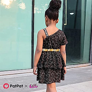 L.O.L. Surprise! Girls Tiered Dress Figure Print Layered One Shoulder Casual Dress Flowy Dress Size 6-12 Black 8-9 Years