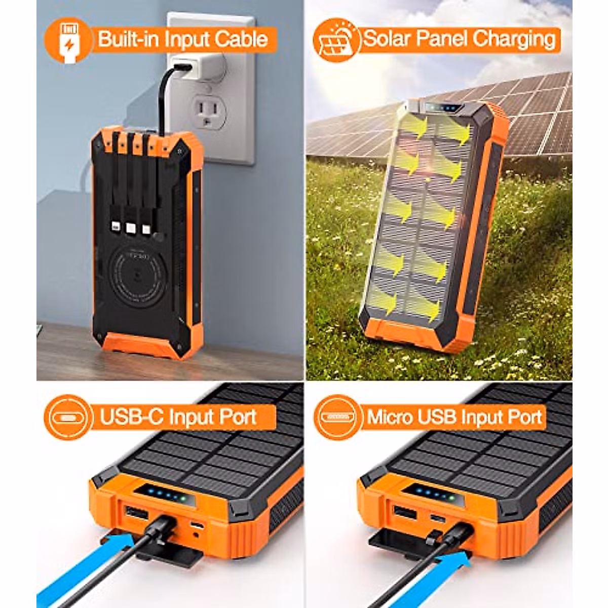 GOODaaa Power Bank Wireless Charger 36000mAh Built in 4 Cables and Dual Flashlights 15W Fast Charging Power Bank Six Outputs Three Inputs Solar Portable Charger Compatible with All Mobile Devices