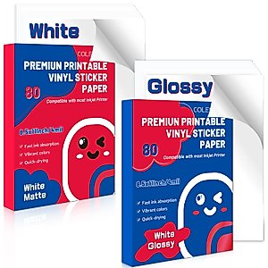 Sticker Paper Printable Vinyl for Inkjet Printer 80 Matte and 80 Glossy Quick Drying Waterproof Decals Self-Adhesive Tear resistance Non-residue Label Vivid Color Letter 8.5x11 In for Craft Laser