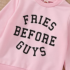 Twopumpkin Toddler Valentine's Day Shrit Baby Girl Letter Print Outfit Crewneck Sweatshirt Long Sleeve Holiday Sister Matching Clothes 2-3T V Fries Before Guys Pink