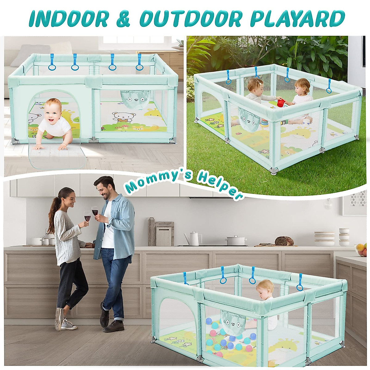 Baby Playpen, Playpen for Babies and Toddlers, Indoor & Outdoor Playard Kids Activity Center with Mat, Anti-Slip Base, Sturdy Safety Baby Playpen with Gate 50''x 50''x 27'' (Nordic Blue)