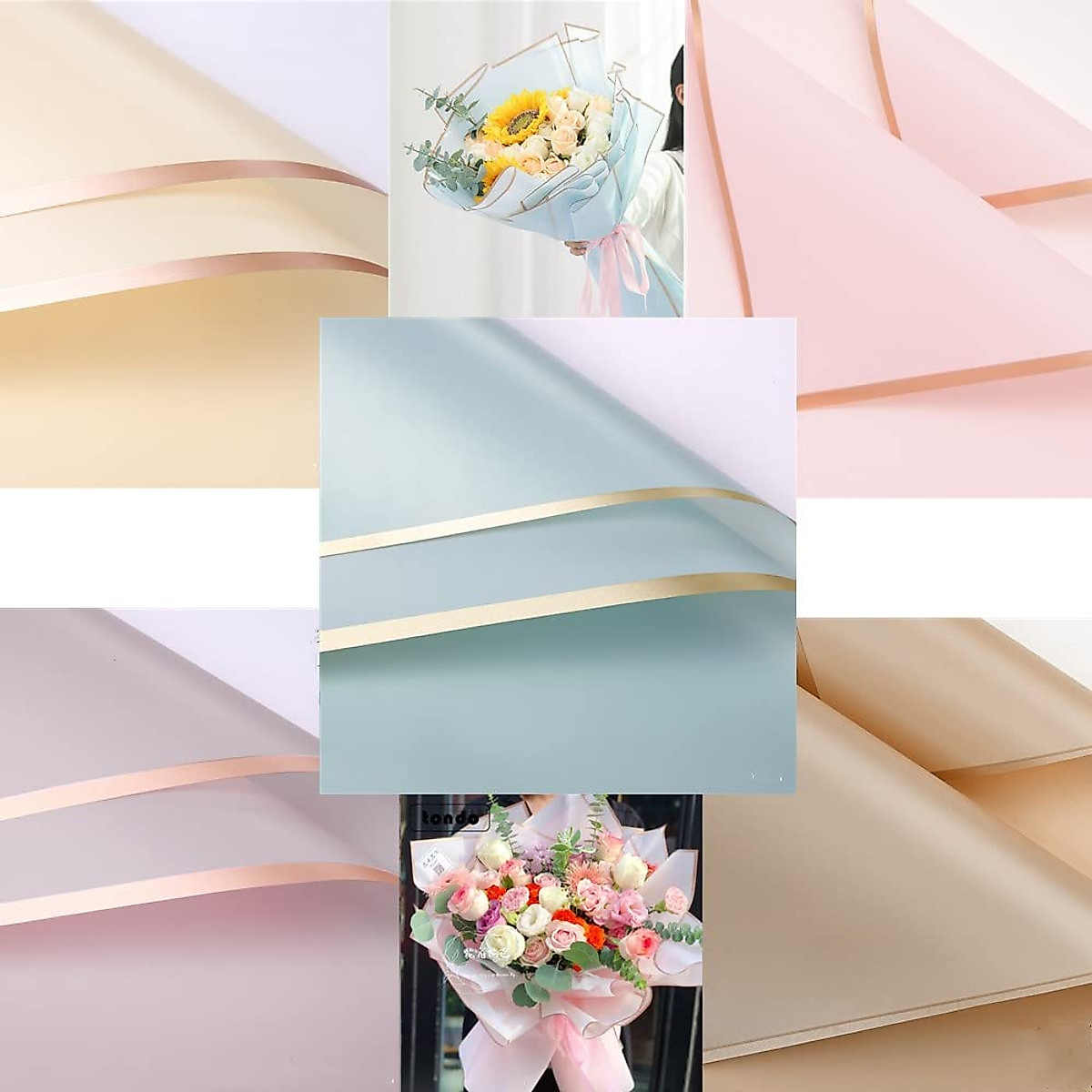 OUKEYI 25 Counts /5 Colors Gold Edge Waterproof Floral Wrapping Paper,Florist Bouquet Supplies,DIY Crafts,Gift Packaging or Gift Box PackagingPaper 22.8x22.8Inch