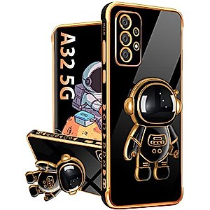 Buleens for Samsung Galaxy A32 5G Case with Astronaut Stand, Women Girls Galaxy A32 5G Cases, Girly Cute 6D Outer Space Heart Pattern Phone Cover for Samsung A32 5G 6.5 Inch Black