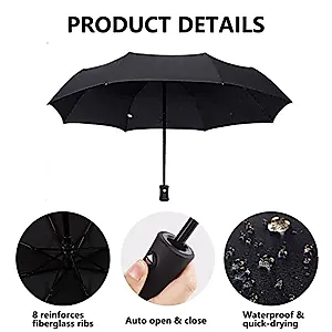 ResArea Windproof Travel Umbrellas Automatic Folding and Portable Umbrellas for Rain Ergonomic Handle Light Unisex Black