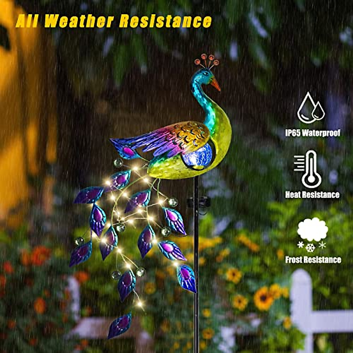 DREAMSOUL Solar Garden Lights Outdoor, Metal Peacock Decor Solar Lights Garden Stakes with Led String Lights, Waterproof Crackle Glass Ball Landscape Path Light for Lawn Patio Yard Garden Decorations