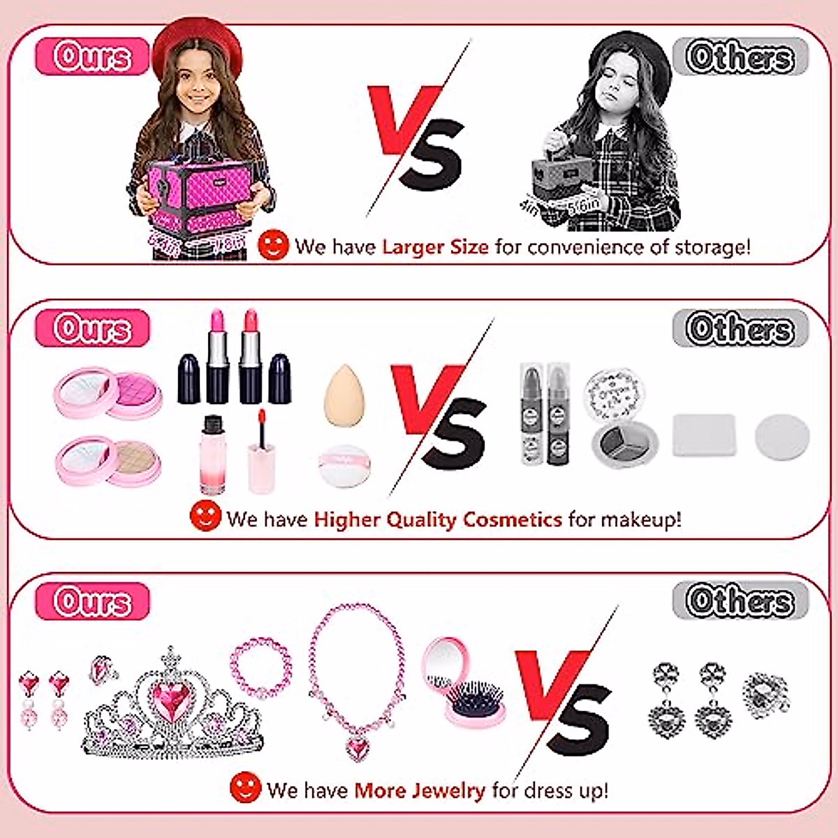 Hollyhi 65 Pcs Kids Makeup Kit for Girl, Washable Play Makeup Toys Set for Dress Up, Pretend Beauty Vanity Set with Cosmetic Case Birthday Toys for Girls 3 4 5 6 7 8 9 10 11 12 Year Old Kids Toddlers