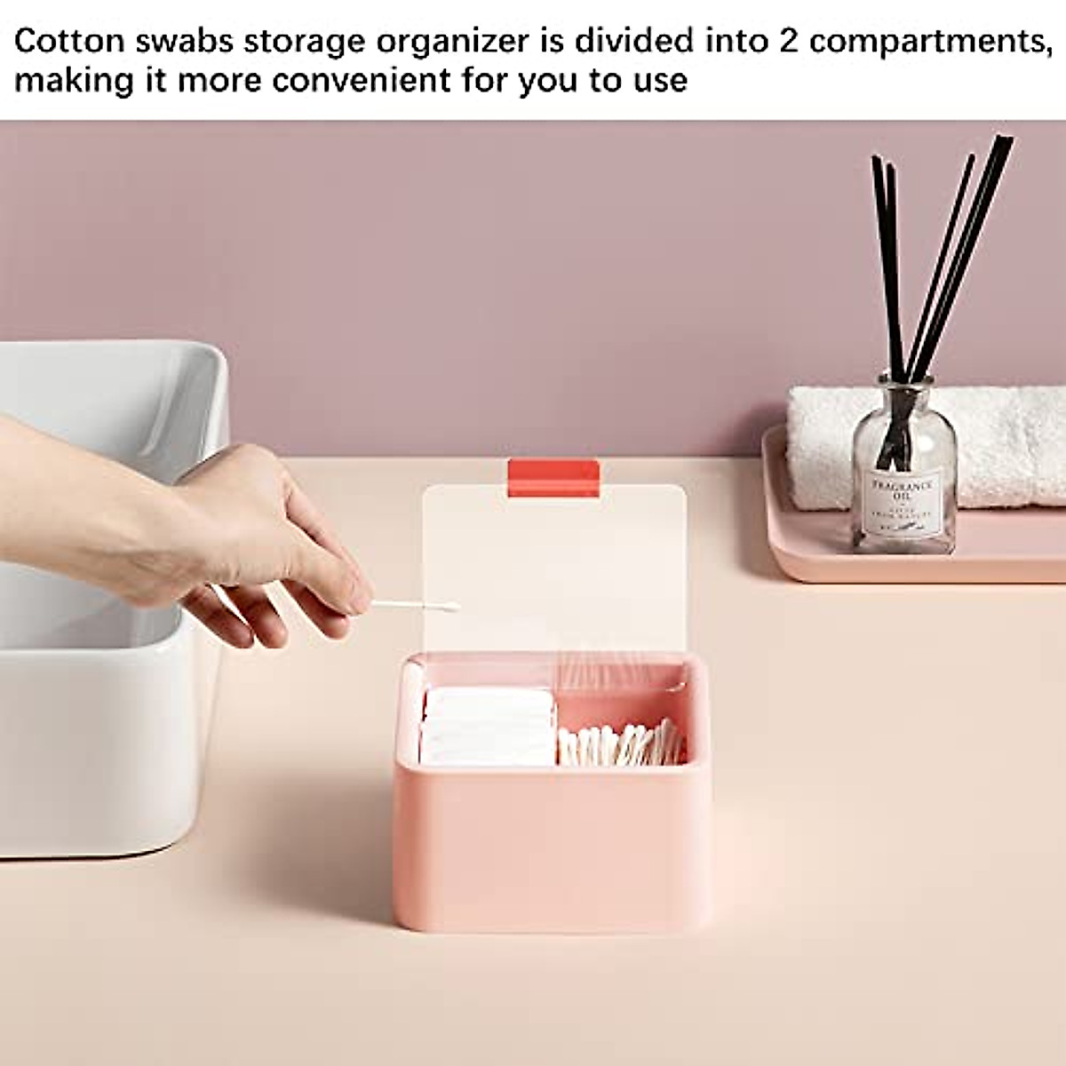 FHDUSRYO 3Pcs Q-tips Holders, White Pink Blue Cotton Swab Ball Dispenser Boxes, 2 Slots Q-tips Storage Box, Cotton Pad Organizer Container with Hinged Lid for Bathroom Dresser Home Decor
