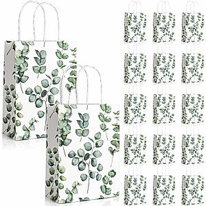 24 Pack Eucalyptus Paper Gift Bags with Handles Greenery Watercolor Green Leaf Paper Gift Bags Bulk Candy Goodie Treat Bags for Spring Wedding Birthday Baby Shower Party Favor Supplies