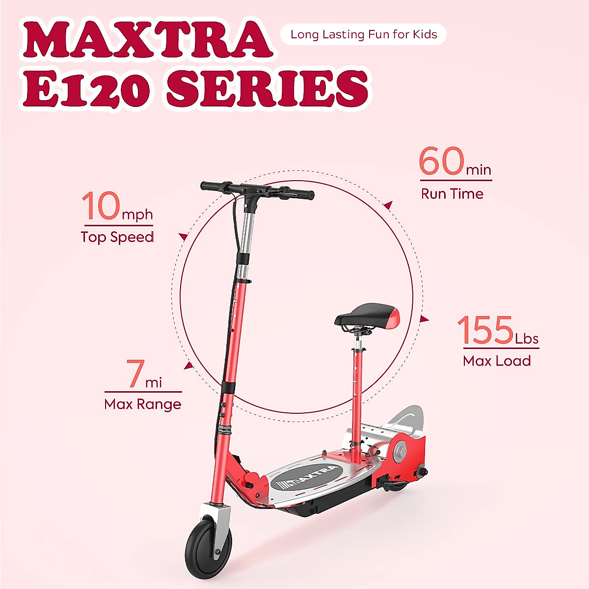 MAXTRA E120 Electric Scooter with Removable Seat, 60 Mins Long Battery Life ＆ up to 10mph, Adjustable Height for Kids Ages 6-12
