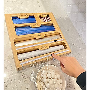 5 in 1 Ziplock Bag Organizer for Drawer - Easy to Use Plastic & Aluminum Foil Wrap Dispenser With Cutter Made of Premium Quality Solid Bamboo - Compatible for Gallon, Quart, Sandwich & Snack Size