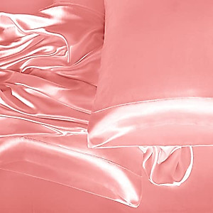 Homiest 3pcs Satin Sheets Set Luxury Silky Satin Bedding Set with Deep Pocket, 1 Fitted Sheet + 1 Flat Sheet + 1 Pillowcase (Twin Size, Rose Pink)