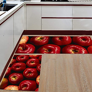Kitchen Rugs Set of 2, Red Apple with Water Drop Kitchen Mats Rugs Non Skid Washable Anti Fatiguee, Food Water Absorption Doormat Carpet for Bedroom/Bathroom/Living Room, 15.7x23.6in+15.7x47.2in