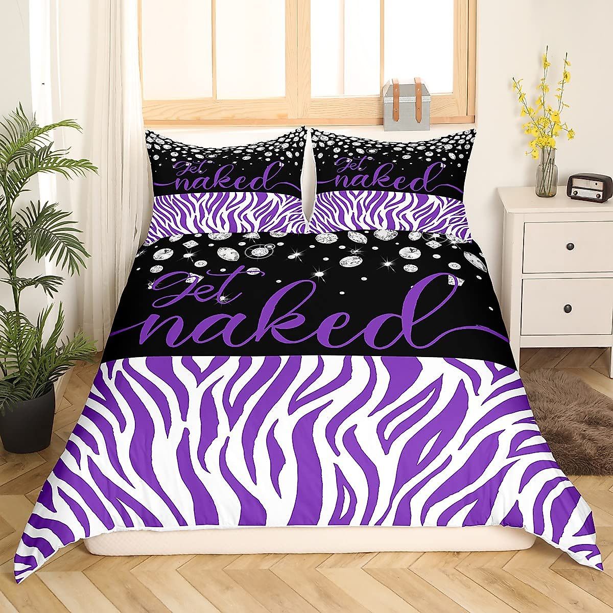 Feelyou Glitter Print (No Glitter) Diamond Bedding Set for Girls Pastel Zebra Comforter Cover Set Queen Size Get Naked Duvet Cover BedPurple Black White Bedspread Cover Bedding Collection 3Pcs