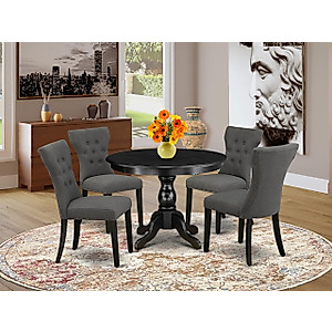 East West Furniture HBGA5-ABK-50 5 Piece Dining Room Furniture Set Includes a Round Dining Table with Pedestal and 4 Dark Gotham Linen Fabric Upholstered Chairs, 42x42 Inch, Wirebrushed Black