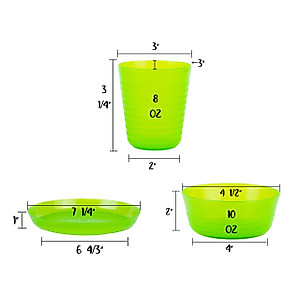 Cuddly Hippo Kids Plastic Dinnerware Set of 18 Multi Color Pieces (Plates, Bowls, and Cups) - Reusable, BPA-Free, Dishwasher Safe and Microwaveable