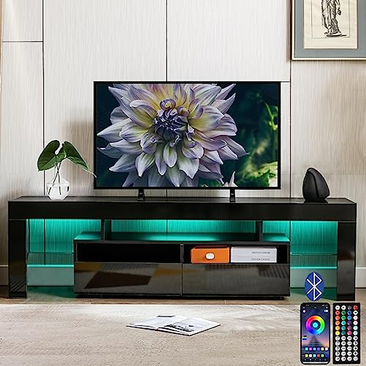 Vinctik 6&Fox LED Black TV Stand - Modern Entertainment Center with 2 Storage Drawers, LED Light, High Glossy Console, Media Furniture (65inch)