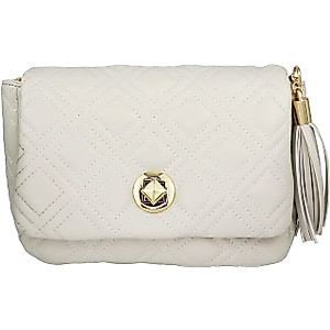 B BRENTANO Vegan Quilted Flap-Over Crossbody Bag with Chain Strap and Tassel Accent (Off-White)