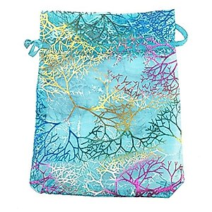 SumDirect 100Pcs Blue Organza Drawstring Bags Jewelry Pouches, Coralline Pattern Candy Chocolate Party Christmas Wedding Favor Gift Bags,3.5x4.7inches
