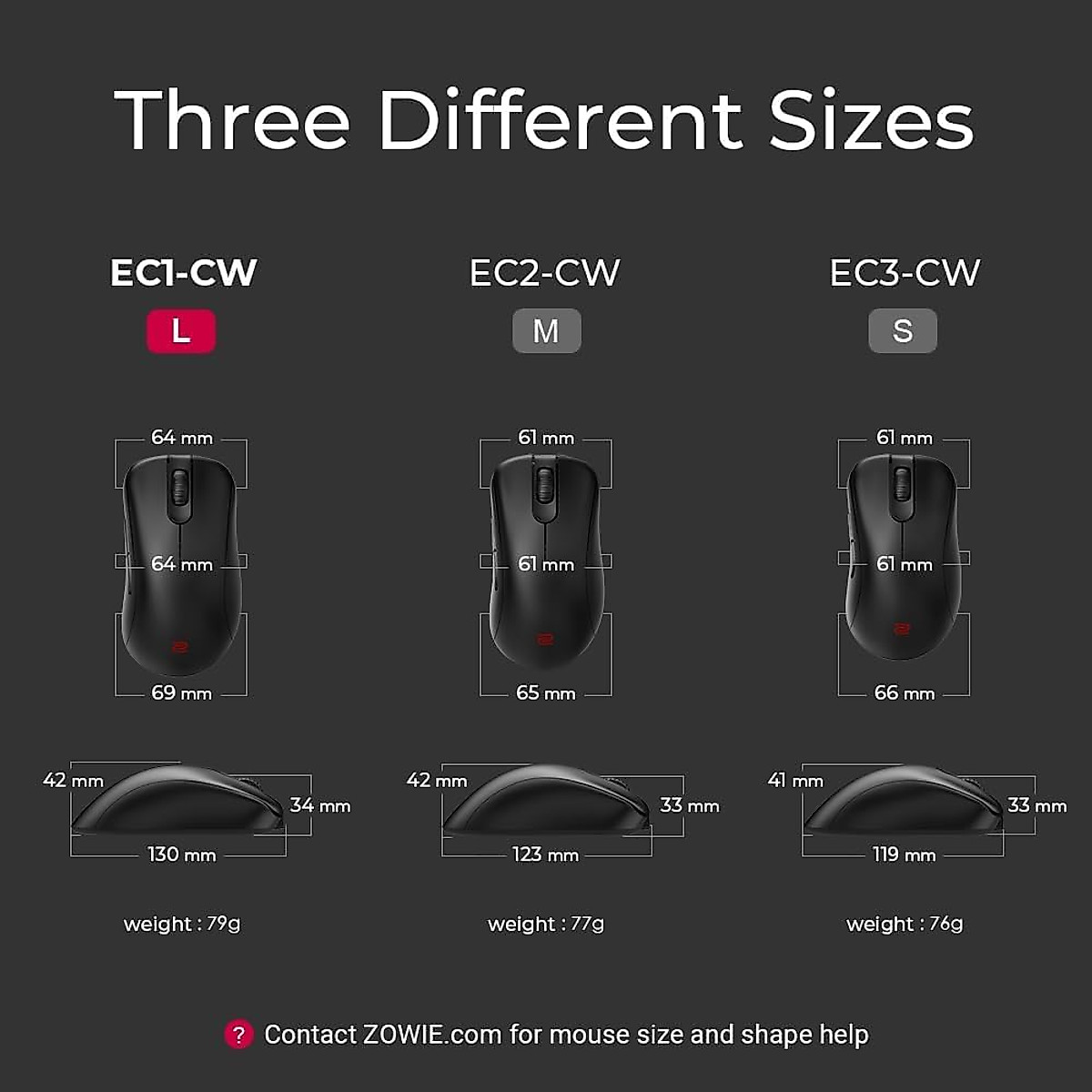BenQ Zowie EC1-CW Ergonomic Wireless Gaming Mouse | Professional Esports Performance | Lighter Weight | Driverless | Paracord Cable | 24-Step Scroll Wheel | Matte Black | Large Size