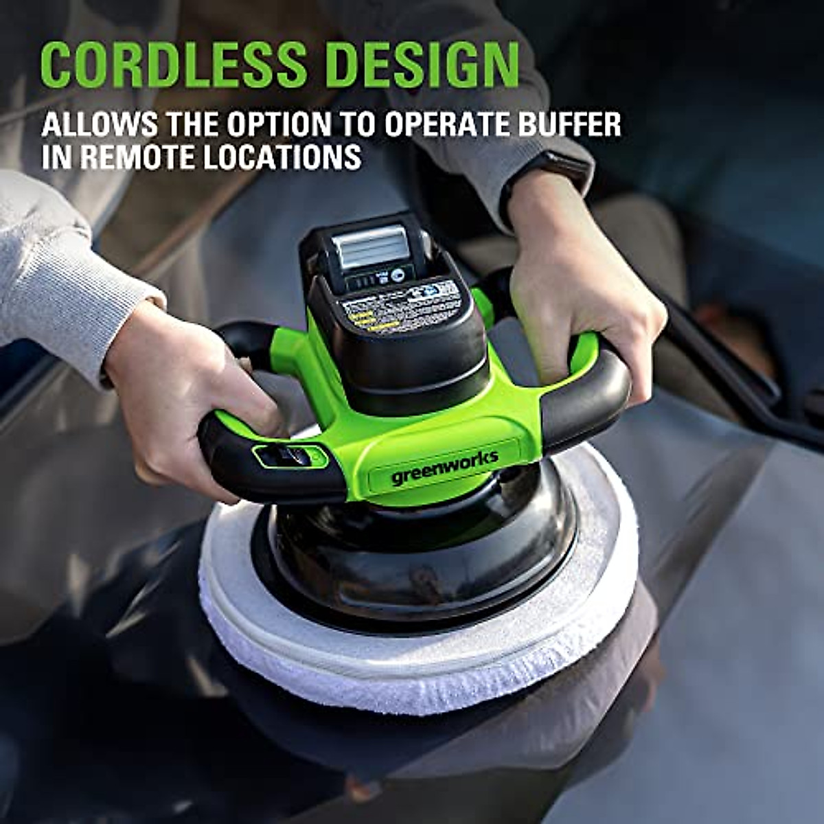 Greenworks 24V Powerful 10" Cordless Orbital Buffer, 10-inch pad 2800 RPM waxing machine with 4 Buffing Bonnets, 2.0Ah USB (Power Bank) Battery & 2A Charger included