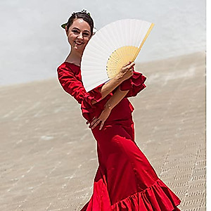 70 Pieces White Paper Hand Fan Bamboo Folding Fan DIY Paper Fan Bamboo Paper Wooden Fan Foldable Wedding Fan for Dancing Photo Props Wall Decoration Wedding Accessories