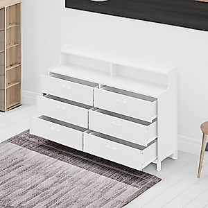 DICTAC White Dresser for Bedroom, 6 Drawers Double Dresser with Shelves, Wood Chest of Drawers, Large Capacity Storage Organizer Dresser for Bedroom, Living Room, Hallway