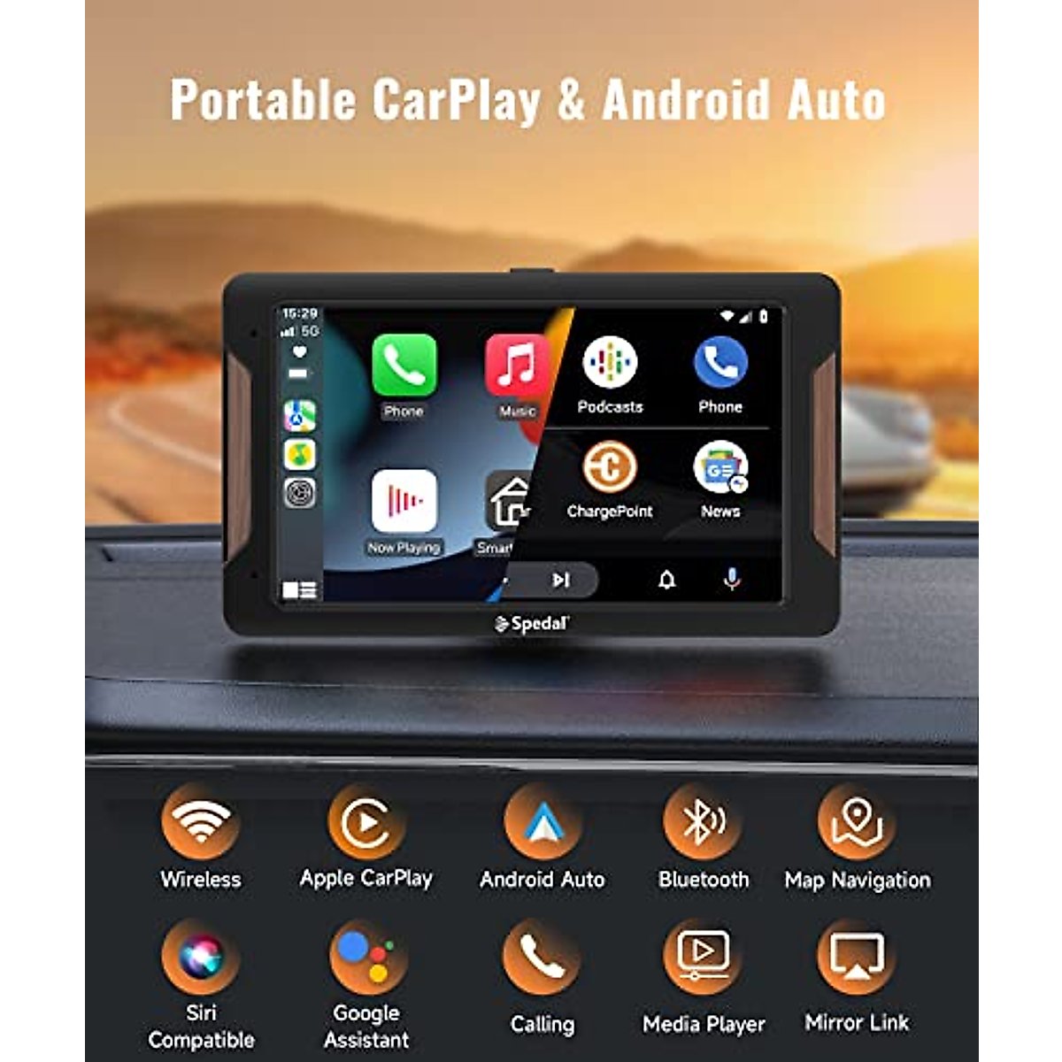 Spedal 7 Inch Wireless Apple CarPlay and Android Auto, Portable Car Stereo with Mirror Link, Multimedia Player, Bluetooth, AUX/FM, Google and Siri Assistant, Dash or Windshield Mounted