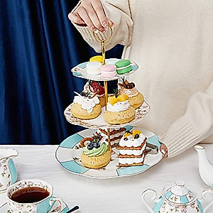 MOSTDEN 3-Tier Ceramic Cake Stand Cake Stand/Cupcake Stand/Dessert Stand/Tea Party Pastry Serving Platter/Food Display with A Serving Tong (Blue)