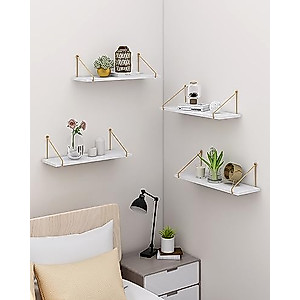 SUMGAR White Floating Shelves 16 Inch Gold Wall Mounted Floating Shelf for Bathroom Bedroom Kitchen Office Set of 2 Modern Wood Haing Shelf for Plant Book Storage and Display