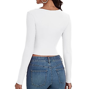 Artfish Women's Long Sleeve V Neck Crop Top Ribbed Knit Slim Fitted Basic T-Shirts (White, M)