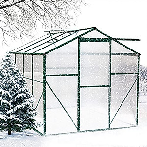 KELRIA 6x8 FT Hybrid Polycarbonate Greenhouse with Lockable Hinged Door, Sliding Door and 2 Vent Window, Walk-in Hobby Greenhouse Aluminum Hot House for Outdoor Garden Backyard, Green