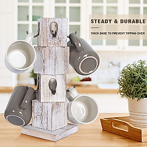 bluegift Coffee Mug Holder Tree, Rustic Solid Wood Mug Tree Stand with 8 Hooks, Farmhouse Coffee Cup Holder for Counter, Mug Hanger for Kitchen Organizer, Farmhouse White