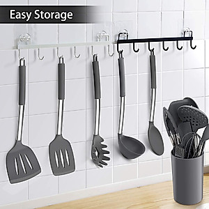 LIANYU 15-Piece Cooking Kitchen Utensils Set with Holder, Silicone Kitchen Tools Stainless Steel Handle, Slotted Spatula Spoon Turner Tong Whisk Brush for Cooking, Gray