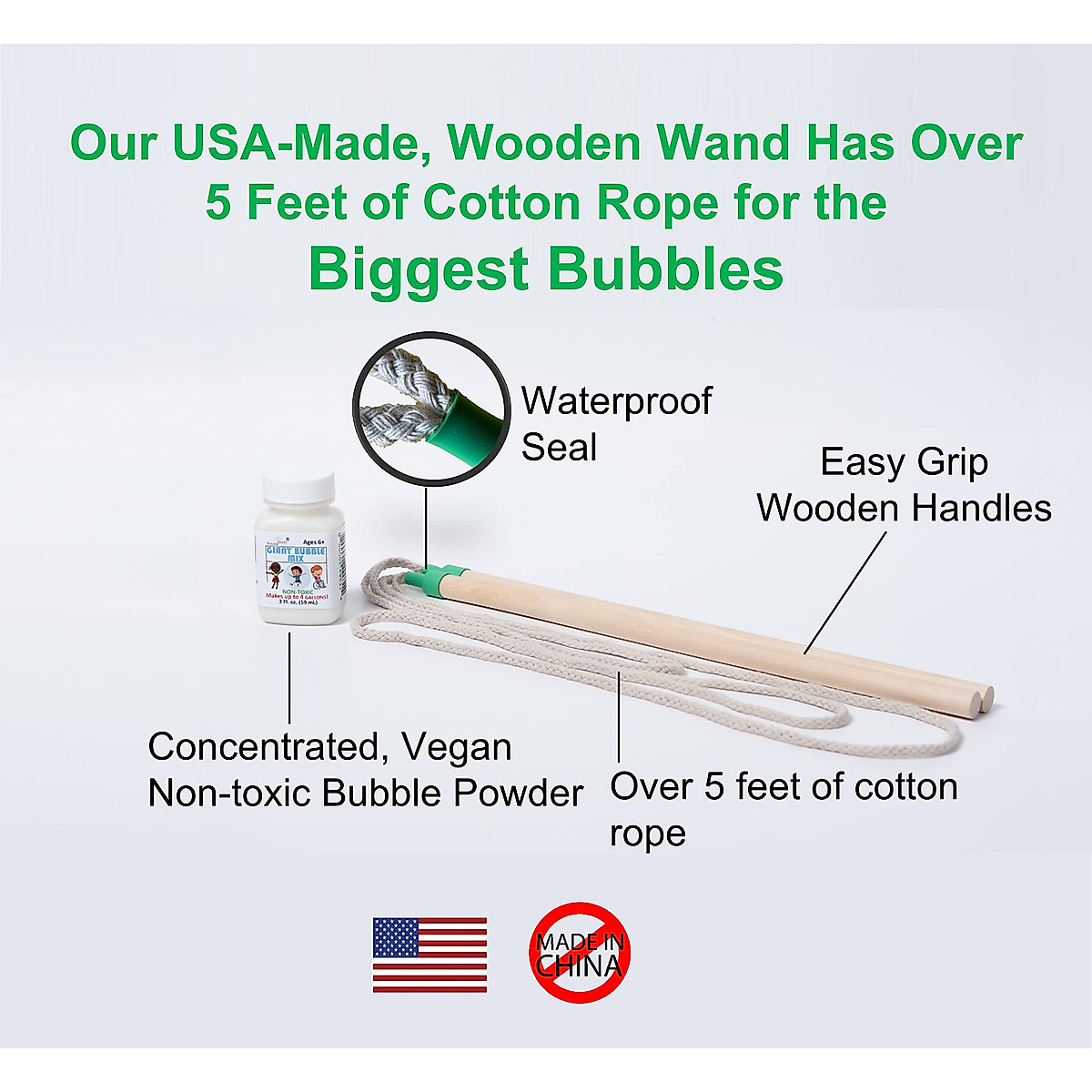 Bubbleventi Giant Bubble Kit | Made in USA | Includes 2 Wooden Wands, a Tips and Tricks Booklet, and 1 Bubble Mix - Makes 4 Gallons of Big Bubble Solution |Use atBirthdays andFamily Fun