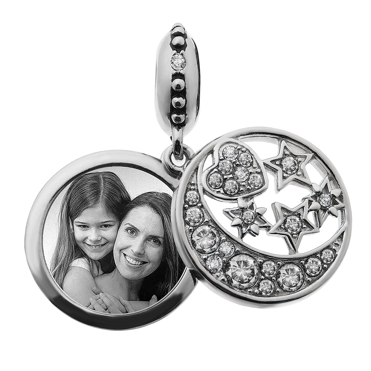 Qina C Sterling Silver Personalized Text & Photo Engraved Message Moon Star Crystal Dangle Bead F/European Charm Bracelet Gift f/Family Friend Wife Daughter