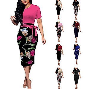 Midi Floral Bodycon Dress Cute Casual Church Dress Blue L