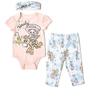 Disney Pixar Toy Story Bullseye Jessie Newborn Baby Girls Bodysuit Pants and Headband 3 Piece Outfit 6-9 Months