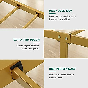 YITAHOME Queen Size Bed Frame, Velvet Bed Frame with Upholstered Headboard, Strong Metal Slats Support Platform Bed, No Box Spring Needed, Gold & Beige