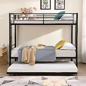 CALABASH Twin Over Twin Metal Bunk Bed with Trundle Heavy Duty Twin Size Bunk Beds Frame with 2 Side Ladders,Bunkbed with Safety Guardrails for Adults,Boys,Girls (New Black)