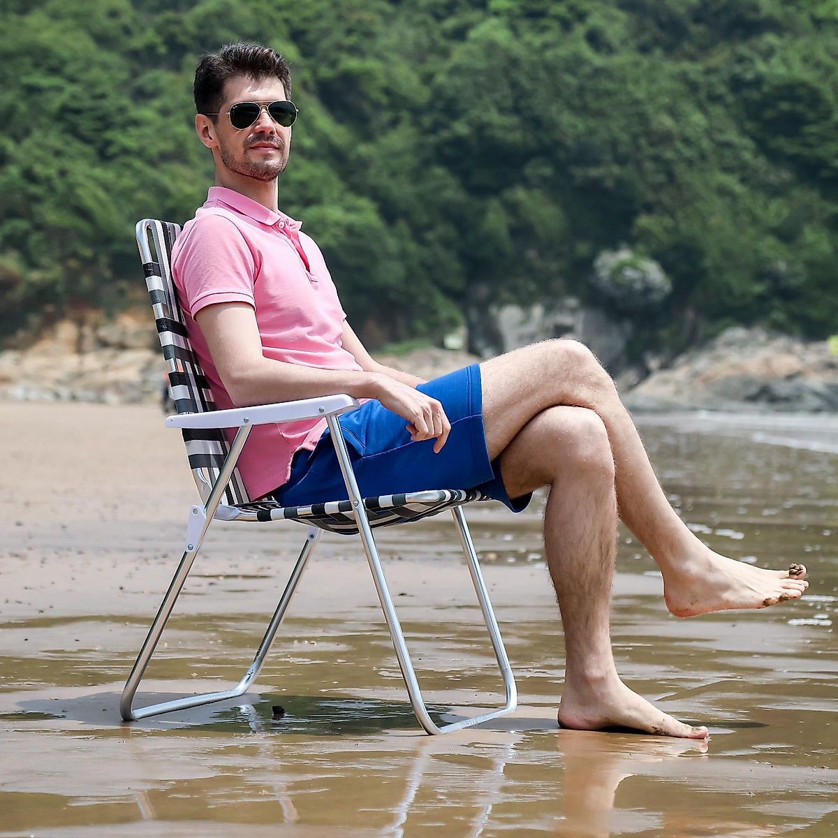 SunnyFeel 15" Tall Folding Webbed Lawn Beach Chair for Adults 2 Pack, Oversized Portable High Seat Sand Chair Heavy Duty 300 LBS, Foldable Camping Chairs for Camp/Outdoor/Picnic/Concert/Sports