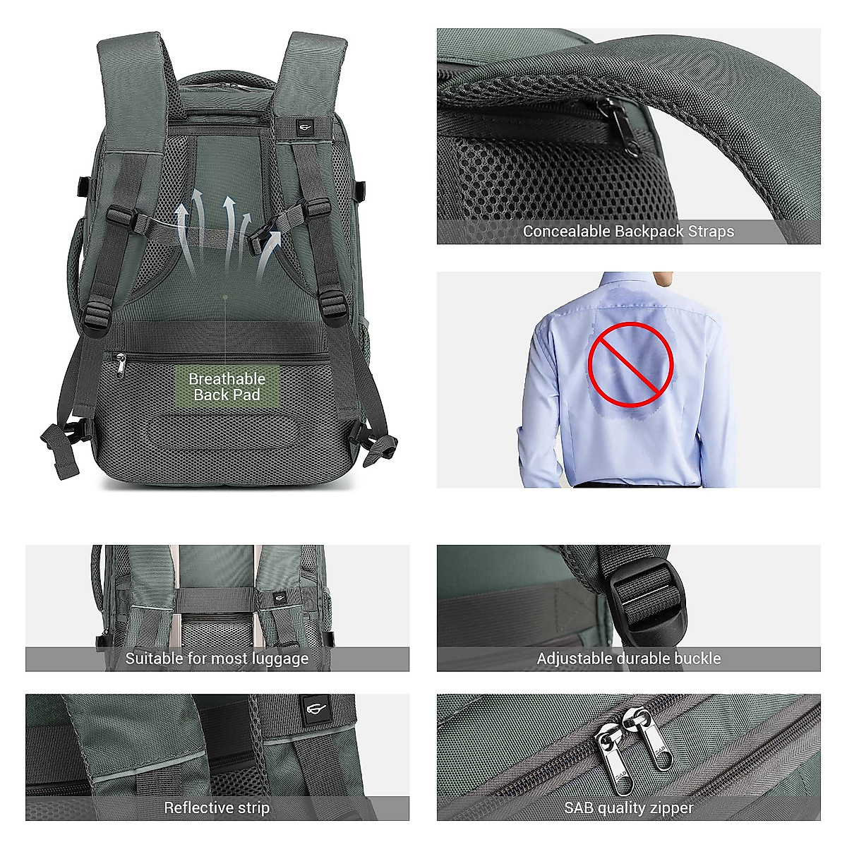 MOLNIA Travel Backpack for Men, 47L Carry On Backpack, 17.3inch Laptop Backpack Flight Approved, with 3 Packing Cubes & 1 Shoe Bag, Expandable Business Suitcase, Weekender Duffel Bag, Grey-green