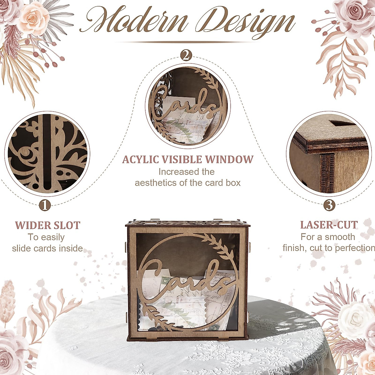 OurWarm Wedding Card Box for Wedding Reception, Wooden Wedding Card Boxes with Window, Brown Wedding Envelope Money Gift Card Box for Baby Shower Birthday Graduation Party Rustic Wedding Decorations