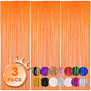 Voircoloria 3 Pack 3.3x8.2 Feet Orange Foil Fringe Backdrop Curtains, Tinsel Streamers Birthday Party Decorations, Fringe Backdrop for Graduation, Baby Shower, Gender Reveal, Disco Party