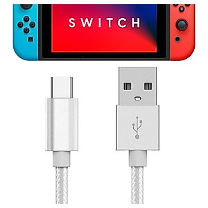 TALK WORKS Nintendo Switch Charger USB C Braided Nylon Cable Accessory - Extra Long 6' Flexible Charging Cord For Switch Lite / OLED (Silver)