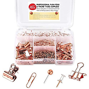 Push Pins Binder Clips Paper Clips Map Tacks Sets, 5 Styles 396 Pcs Rose Gold Pack for Office, School and Home Supplies (Pin and Clips)