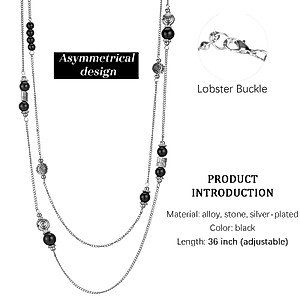 BULINLIN Layered Silver Long Necklace for Women Turquoise Stone Beaded Strand Sweater Chain Necklaces Fashion Costume Jewelry Gifts for Mom(Black)